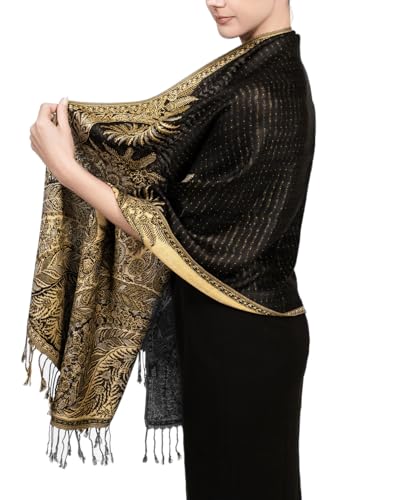 Achillea Luxurious Big Paisley Jacquard Layered Woven Pashmina Shawl Wrap Scarf Stole (Black)
