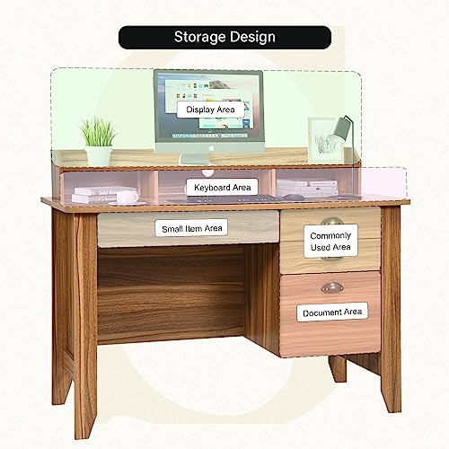 Computer Desk with Storage, Home Office Desk Vintage Desk with 4 Drawers & Hutch, Home Desk Computer Table Desk with Drawers for Bedroom, Farmhouse Desk, Rustic Oak