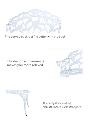 C/G Patio Balcony Bench Double Seat, Anti-Rust Cast Aluminum Patio Garden Bench for Park Yard Outdoor Furniture White