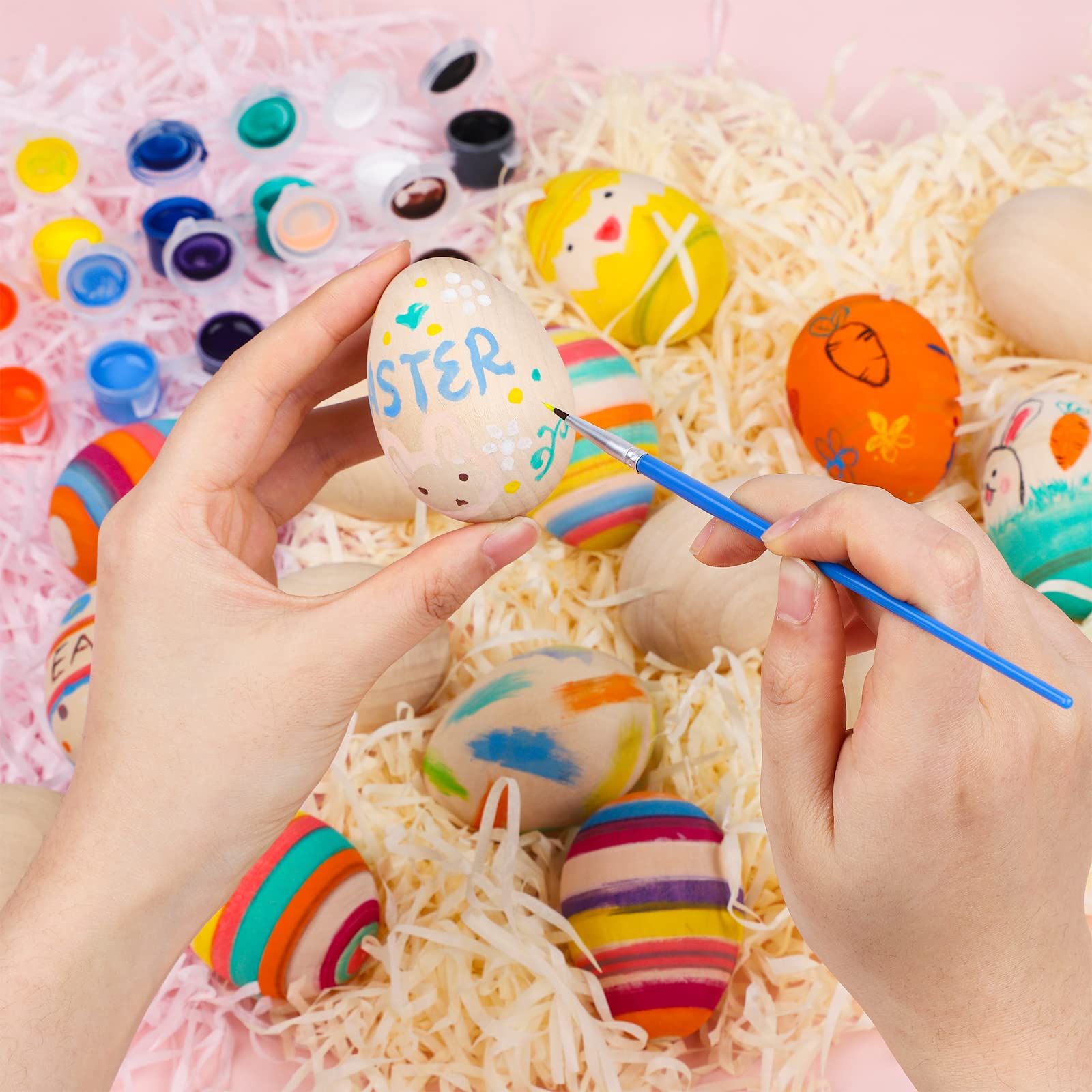 Fovths Elcoho 15 Packs Unfinished Wooden Easter Eggs Unpainted Easter Eggs Toys Mini DIY Fake Art Craft Eggs with Brushes and Paints for Easter Decorating Party Supplies, Natural