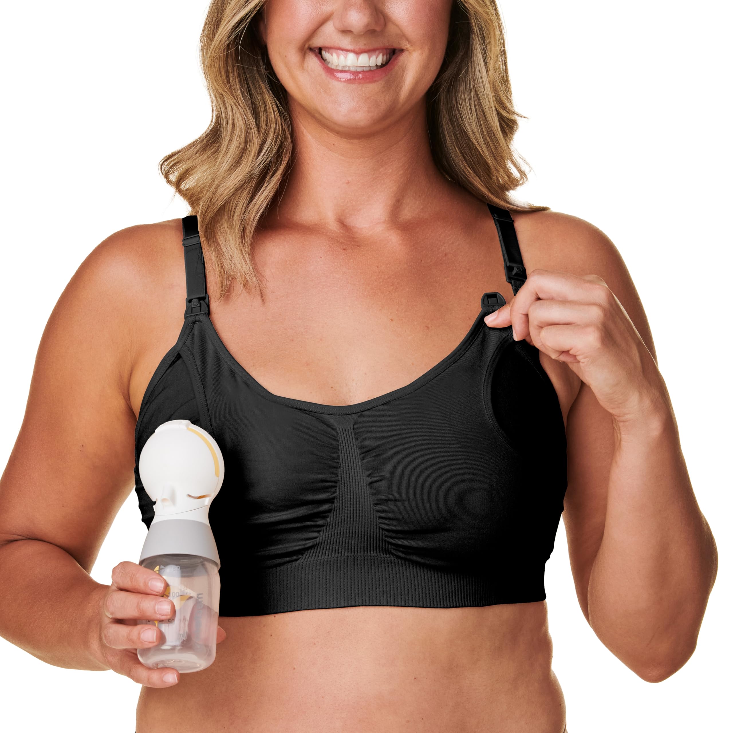 Bravado Designs Hands Free Pumping Bra & Nursing Bra 2-in-1 Seamless for Maternity & Breastfeeding, Black, Large