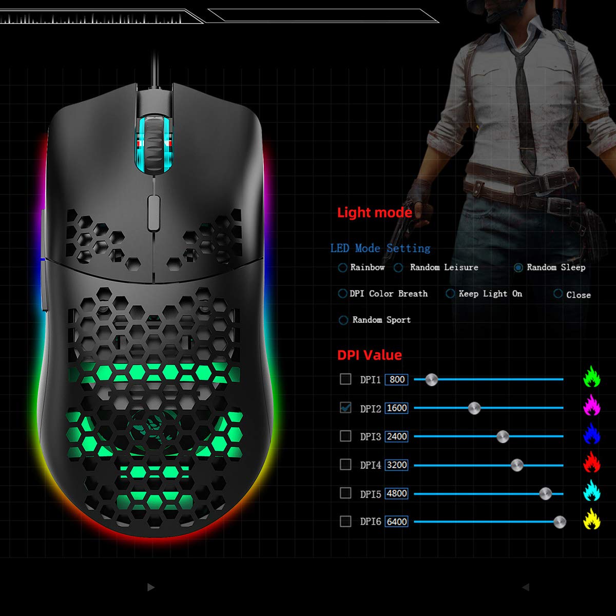 Esenlong Wired Gaming Mouse Macro Programming Mouse 6400DPI Ergonomic USB Computer Mice RGB Laptop PC Gaming Mouse for PC Laptop Desktop (6- Key) for E- Sport Game, Daily Office Work, Home use.