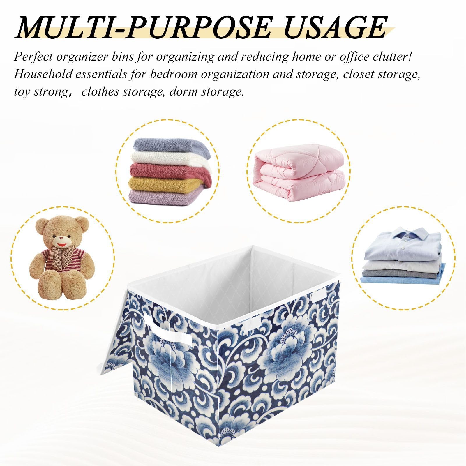 VIGTRO Blue and White Flower Storage Bins with Lids Foldable Storage Boxes with 2 Handles, Chinese Tradition Decorative Storage Basket Collapsible for Clothes Books