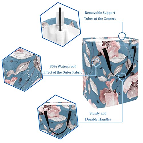 Blossom Flower in Blue Print Collapsible Laundry Hamper, 60L Waterproof Laundry Baskets Washing Bin Clothes Toys Storage for Dorm Bathroom Bedroom