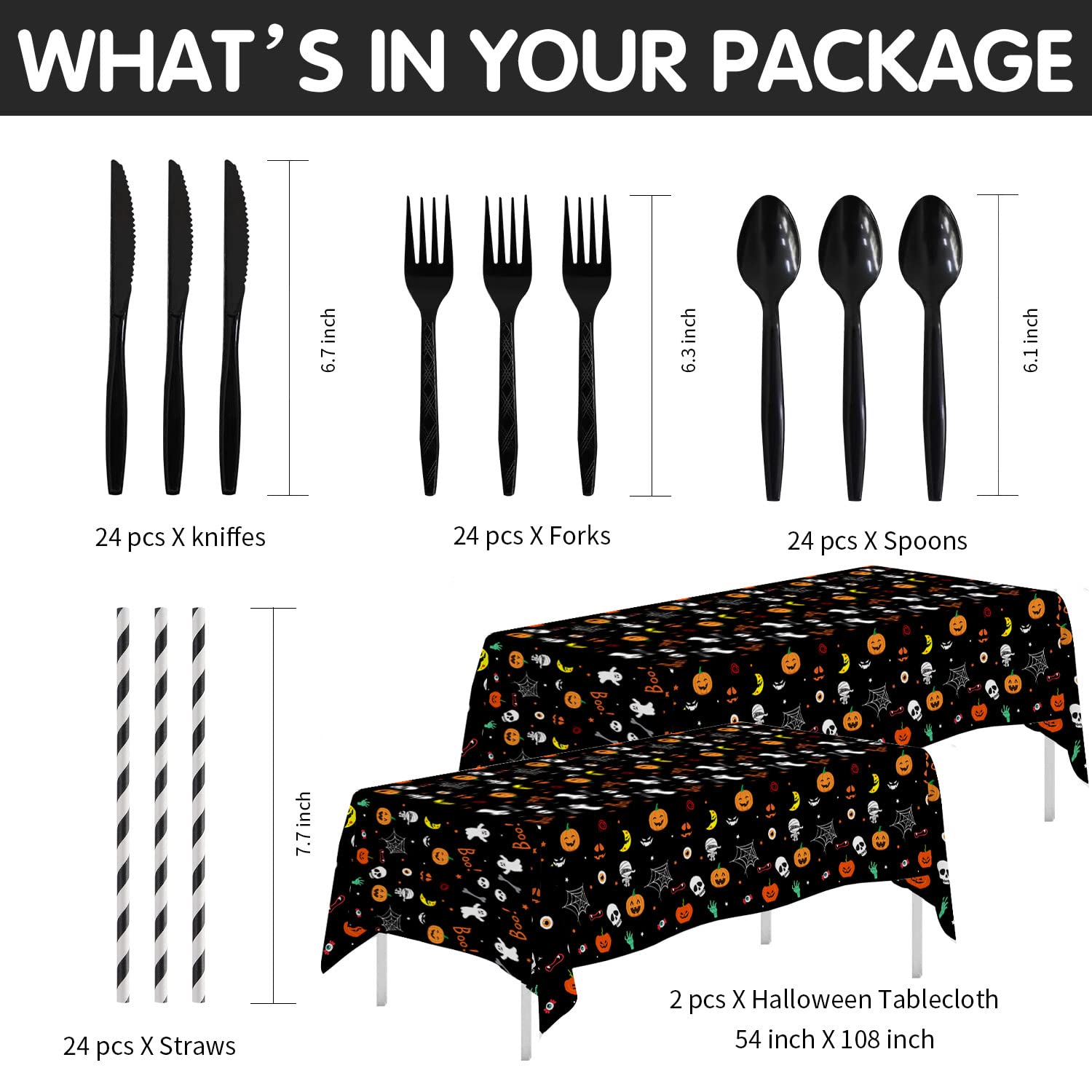 APOWBLS Halloween Decorations Party Tableware - Halloween Party Supplies, Halloween Birthday Plates, Napkins, Cups, Tablecloth, Cutlery, Straws, For Halloween Party Decorations Dinnerware | Serves 24
