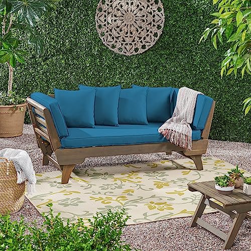 Christopher Knight Home Aldrich Outdoor Acacia Wood Expandable Daybed with Water Resistant Cushions, Dark Teal and Gray