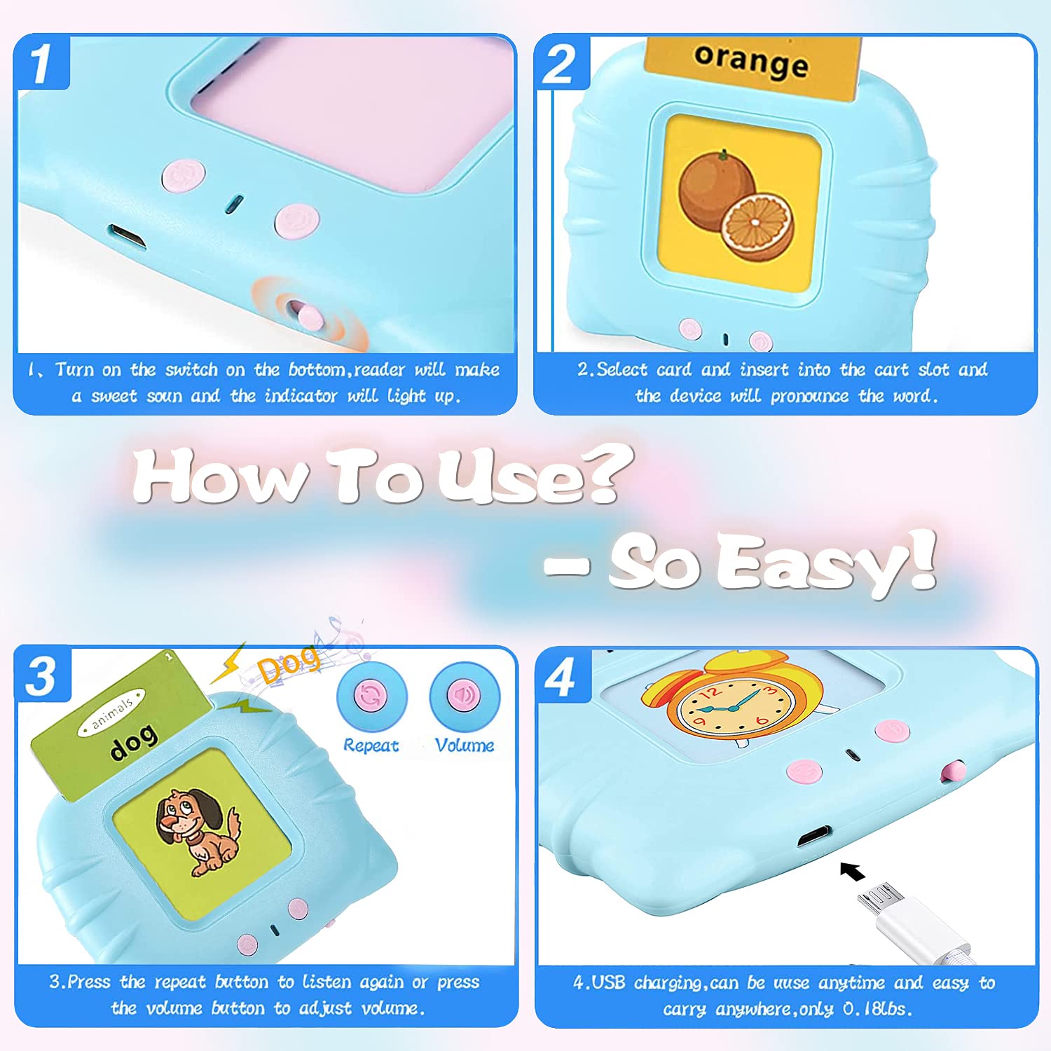 Educational Toddler Toy Flashcards Device,WONFAST 112PCS Double-Sided Illustrations Words Audible Preschool Learning Flash Cards Reader for Kids Boys Girls Birthday Christmas Children Gifts (Blue-1)