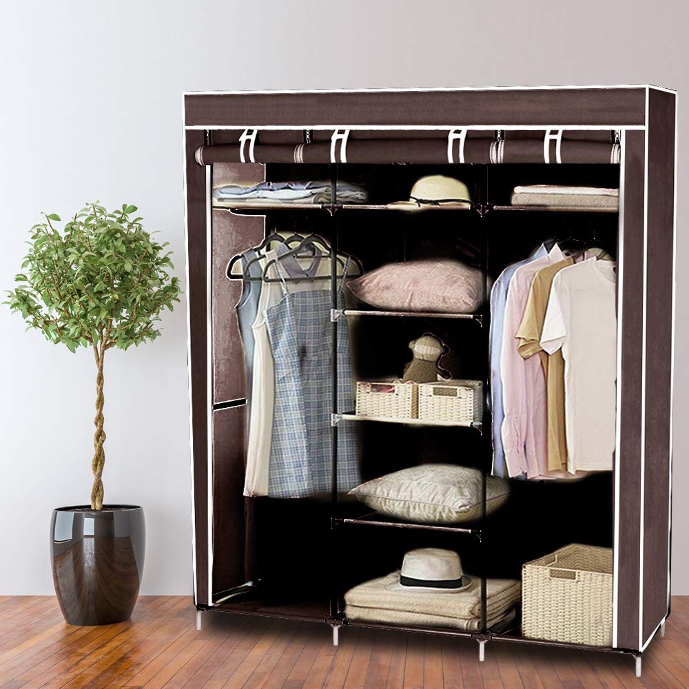 59" Portable Closet Storage Organizer Non-Woven Fabric Clothes Wardrobe (Dark Brown)