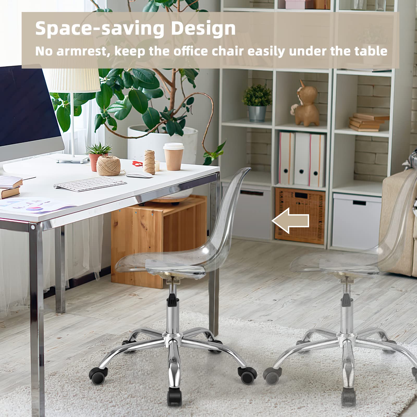 Giantex Acrylic Desk Chair, Clear Armless Office Rolling Chair, Height Adjustable Leisure Ghost Chair w/Chromed Base, Modern Cute Vanity Chair, Swivel Computer Chair for Home Office