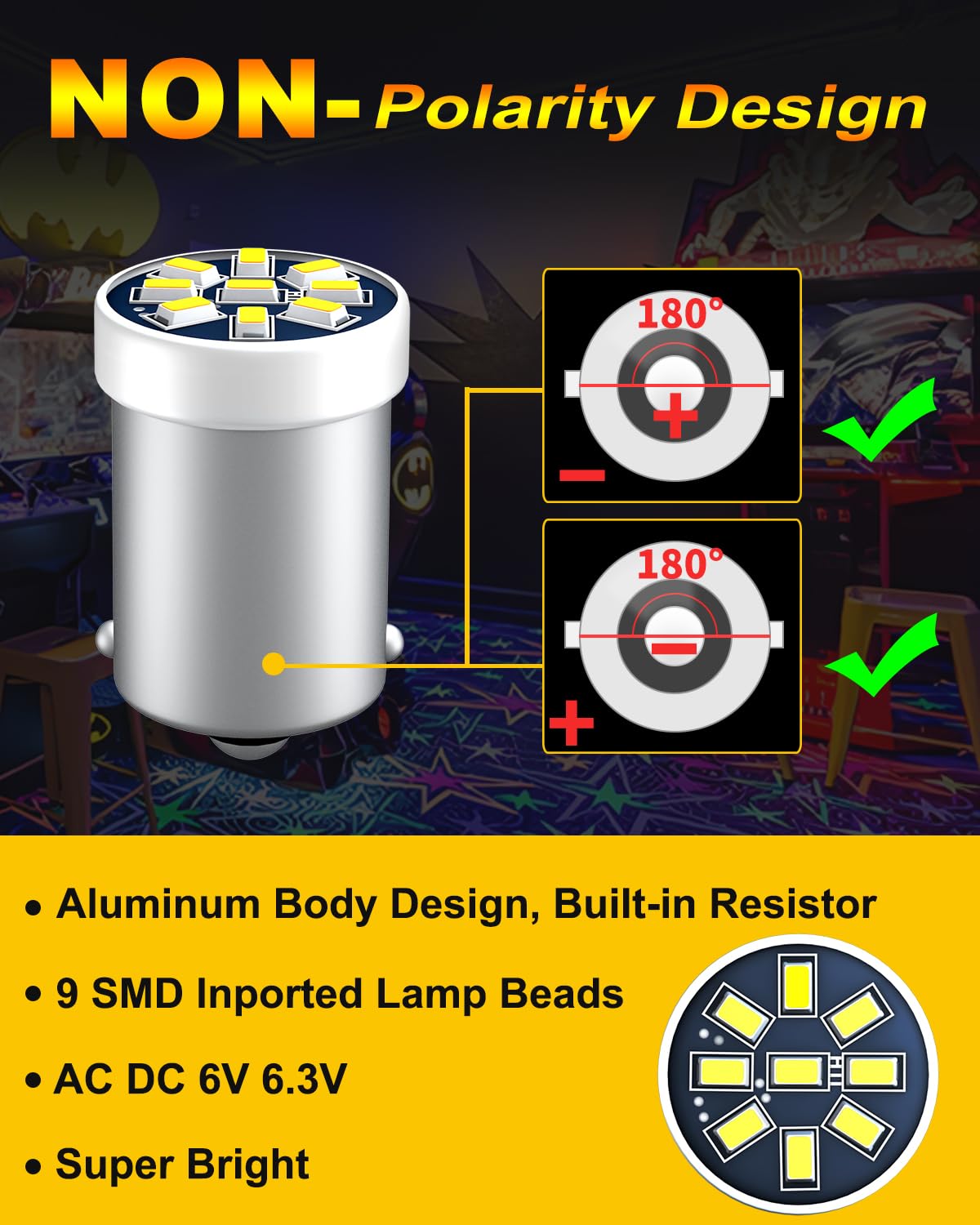 GE44 47 Pinball Machine LED Bulbs BA9S DC/AC 6.3V/6V Coin-Operated Video Old Fashioned Radio Arcade Pinball Gaming Light Bulb 755 756 1893 1895 1847,White,15 Pack