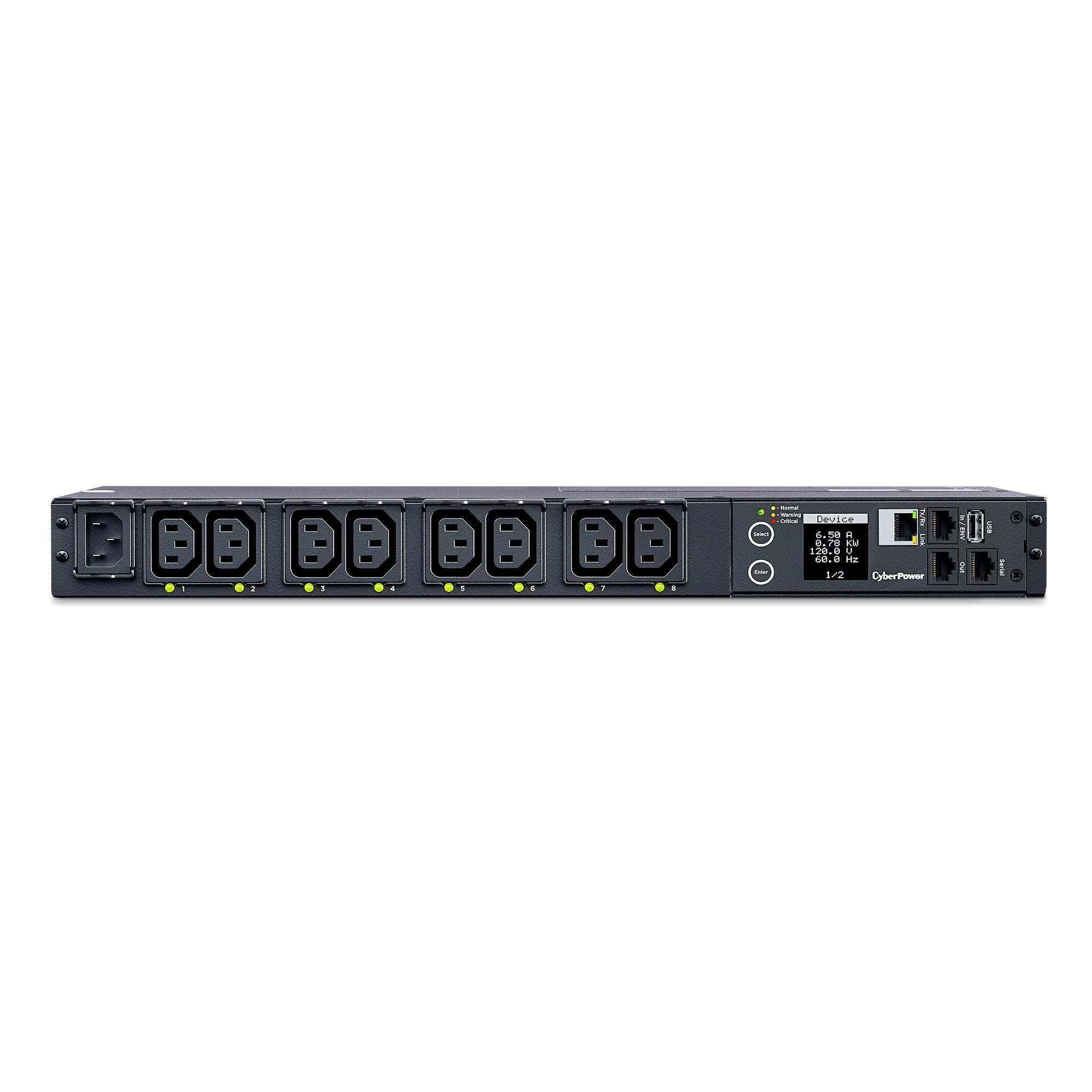 CyberPower PDU41004 Switched PDU, 100-240V/12A, (Derated to 12A UL /10A CE), 8 Outlets (C13), Input (C14) 10 ft. Cord, 1U Rackmount, 3 Year Warranty - Black