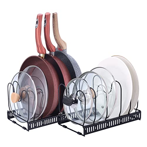 AJSWISH Pots and Pans Organizer, Expandable Pot Organizer Rack for Cabinet, Pot Lid Organizer Holder with 12 Adjustable Compartments for Kitchen Cabinet Cookware Baking, Black
