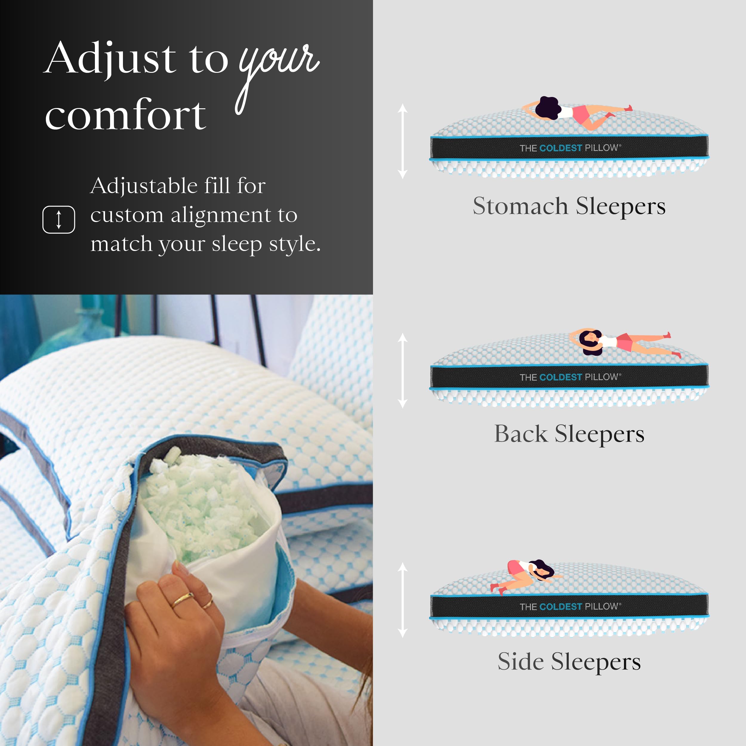Coldest Pillow - Adjustable Fill, Washable Cover, and Best for Breathable Cool While Sleeping -Premium (Small) (Grey)