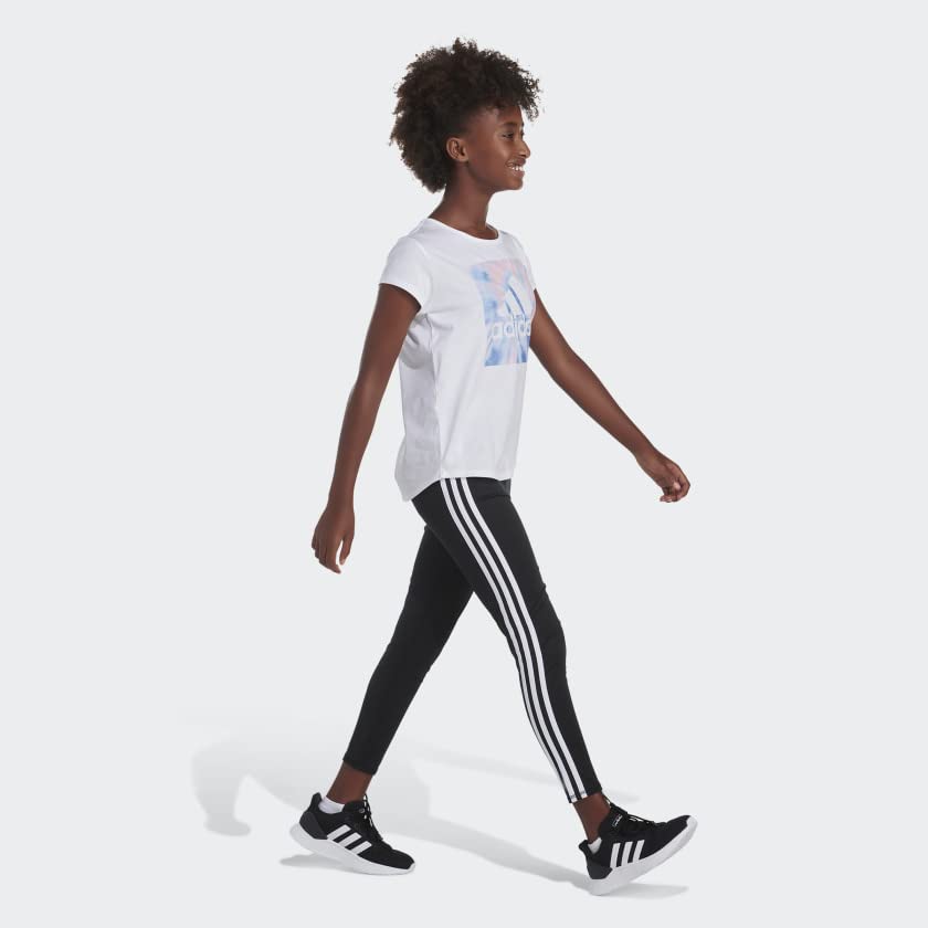 adidas Girls' Big Short Sleeve Cotton Scoop Neck Tee T-Shirt, White with Blue, Large (14)
