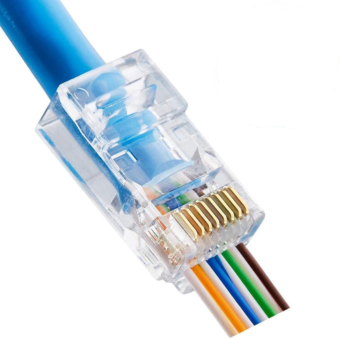 Quilence CAT6 Connectors RJ45 Pass Through Connectors 50pcs 3 Prong Ethernet Gold Plated Network Ends Plug Cable Connectors for 24AWG CAT6 CAT5E Cable