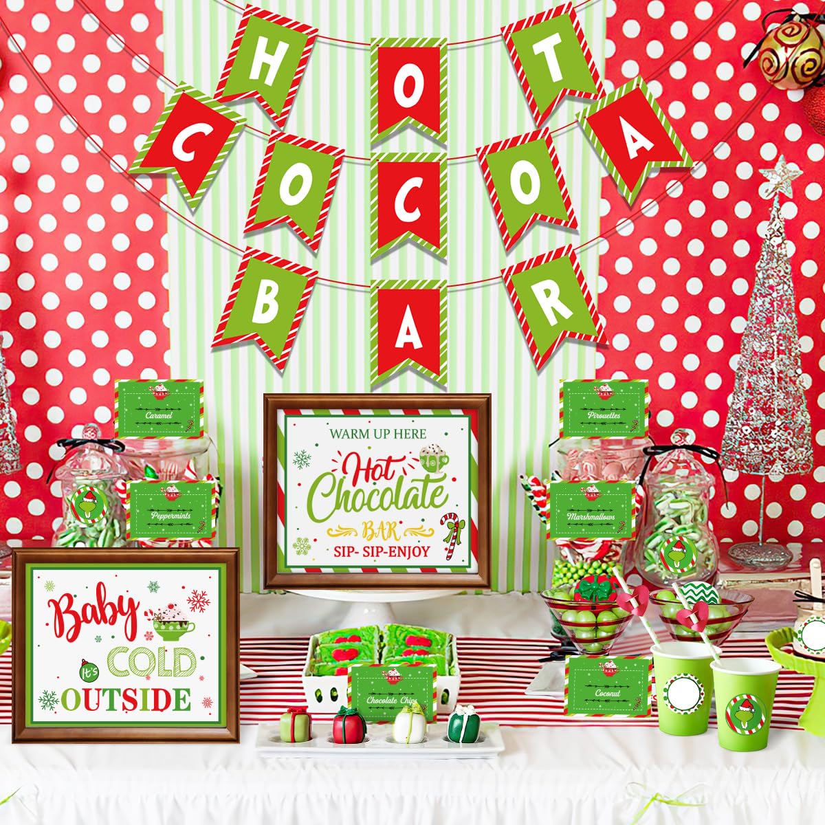 Winter Hot Chocolate Bar Kit Hot Cocoa Bar Banner Christmas Red Green Hot Chocolate Bar Signs Baby It's Cold Outside Toppings Labels Cup Tags Stickers for Wintertime Holiday Baby Shower Birthday