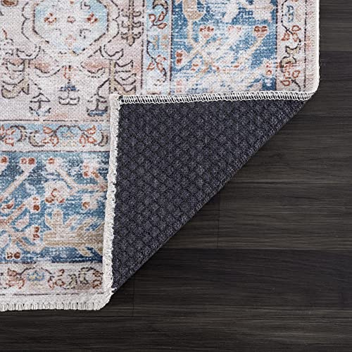 Bloom Rugs Caria Washable Non-Slip 3x5 Rug - Beige/Ocean Blue Traditional Area Rug for Living Room, Bedroom, Dining Room, and Kitchen - Exact Size: 3' x 5'
