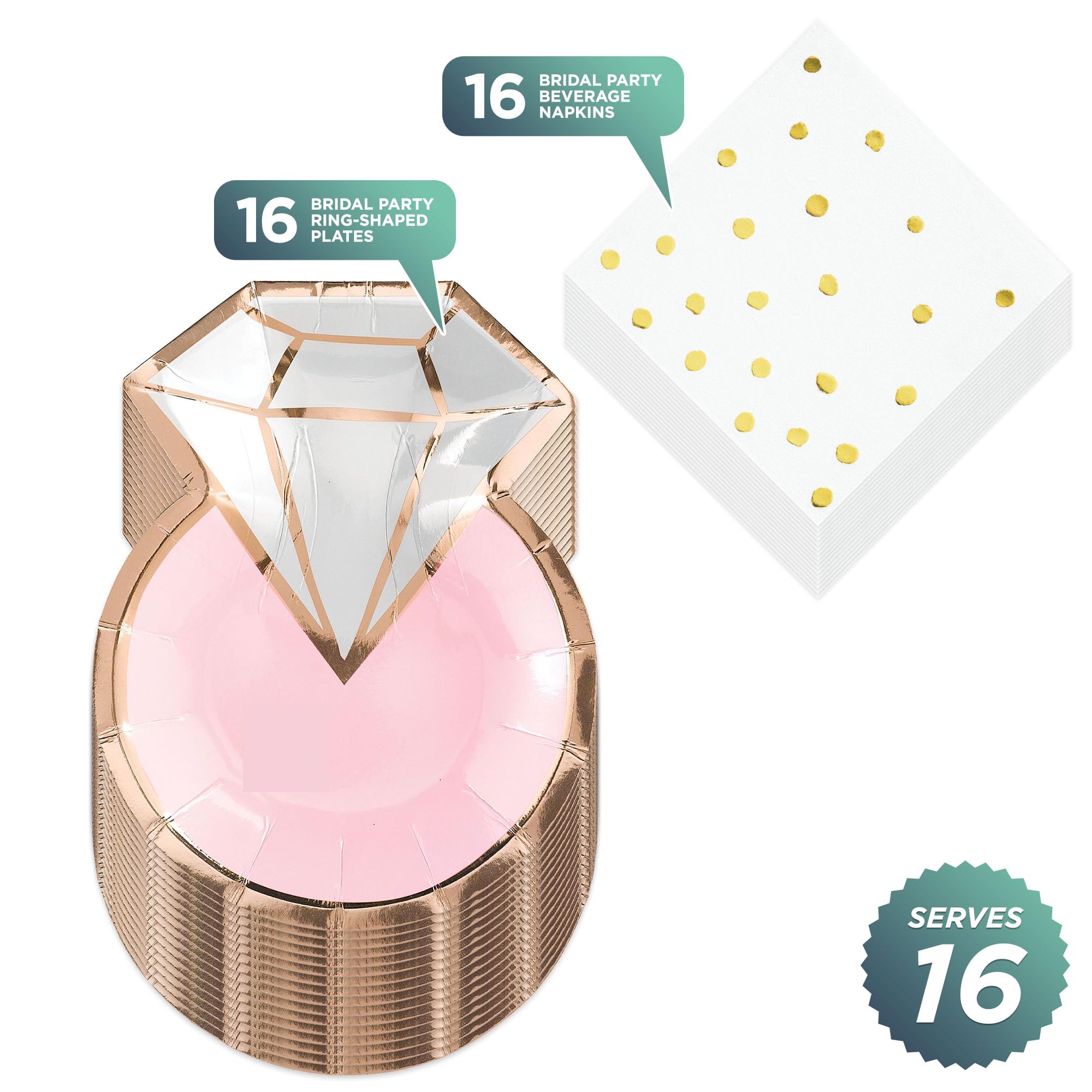 Bridal and Bachelorette Party Supplies - Blush Pink Gold Metallic Diamond Ring Paper Dessert Plates and Beverage Napkins (Serves 16)