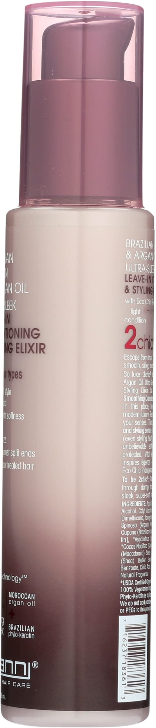 GIOVANNI 2chic Ultra-Sleek Leave-In Conditioning & Styling Elixir - Phyto-Keratin & Argan Oil, Anti-Frizz Formula, Coconut, Shea Butter, Pro-Vitamin B5, Color Safe, Paraben Free - 4 oz