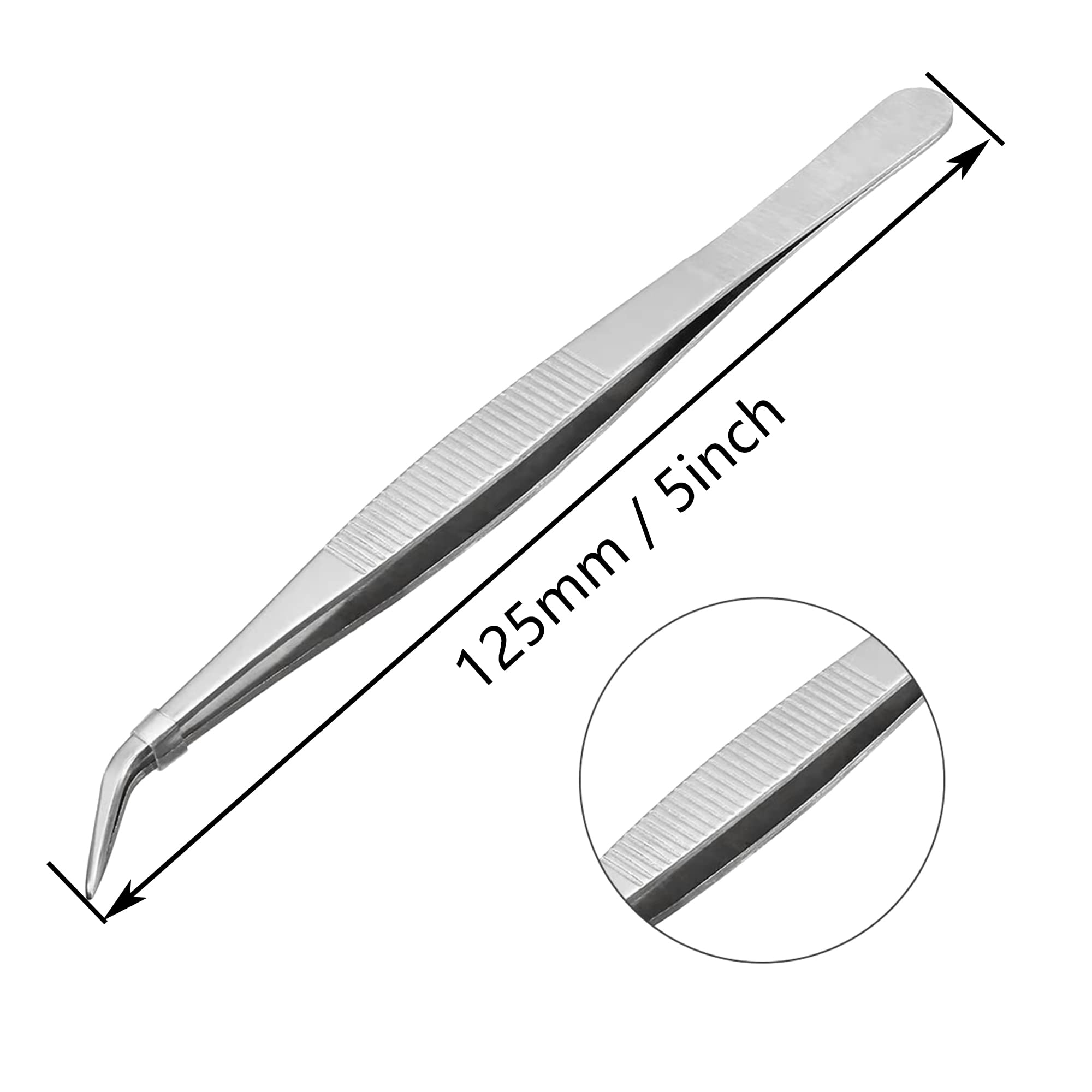 Long Forceps Tweezers, Serrated Bent Tweezers Flat Tips Precision Curved Science Surgical Tongs Jewelers Needle Metal Sewing Sharp Small Kitchen Cooking Tweezers With Teeth Knurled Handles (1PCS)