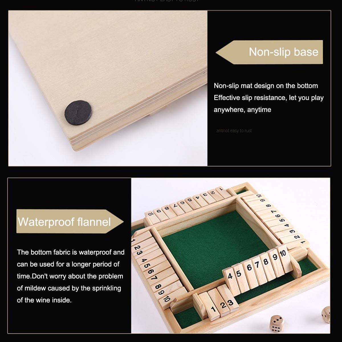 bouti1583 Shut The Box Dice Game,Classic 4 Sided Wooden Board Game Flip 10 Numbers Classic Tabletop Games for 2-4 Player(Green,8.8inch)