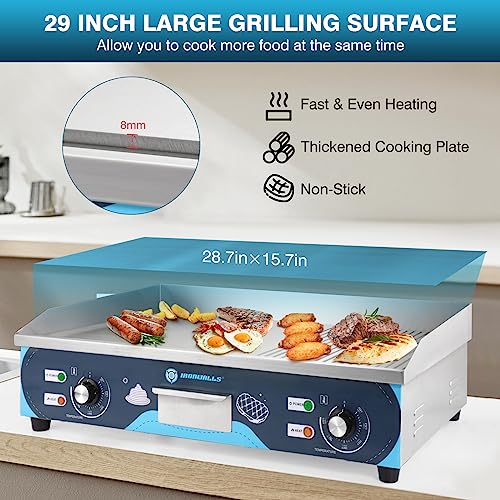 IRONWALLS Commercial Griddle Electric 29 Inch, 110V 4400W Electric Countertop Griddle Flat Top Grill, Non-stick Stainless Steel Teppanyaki Grill with Dual Temperature Control for Restaurant Kitchen