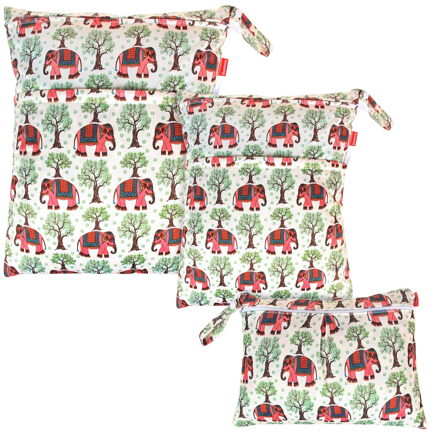 Damero 3pcs Pack Wet Dry Bag for Cloth Diapers Daycare Organizer Bag, Elephants