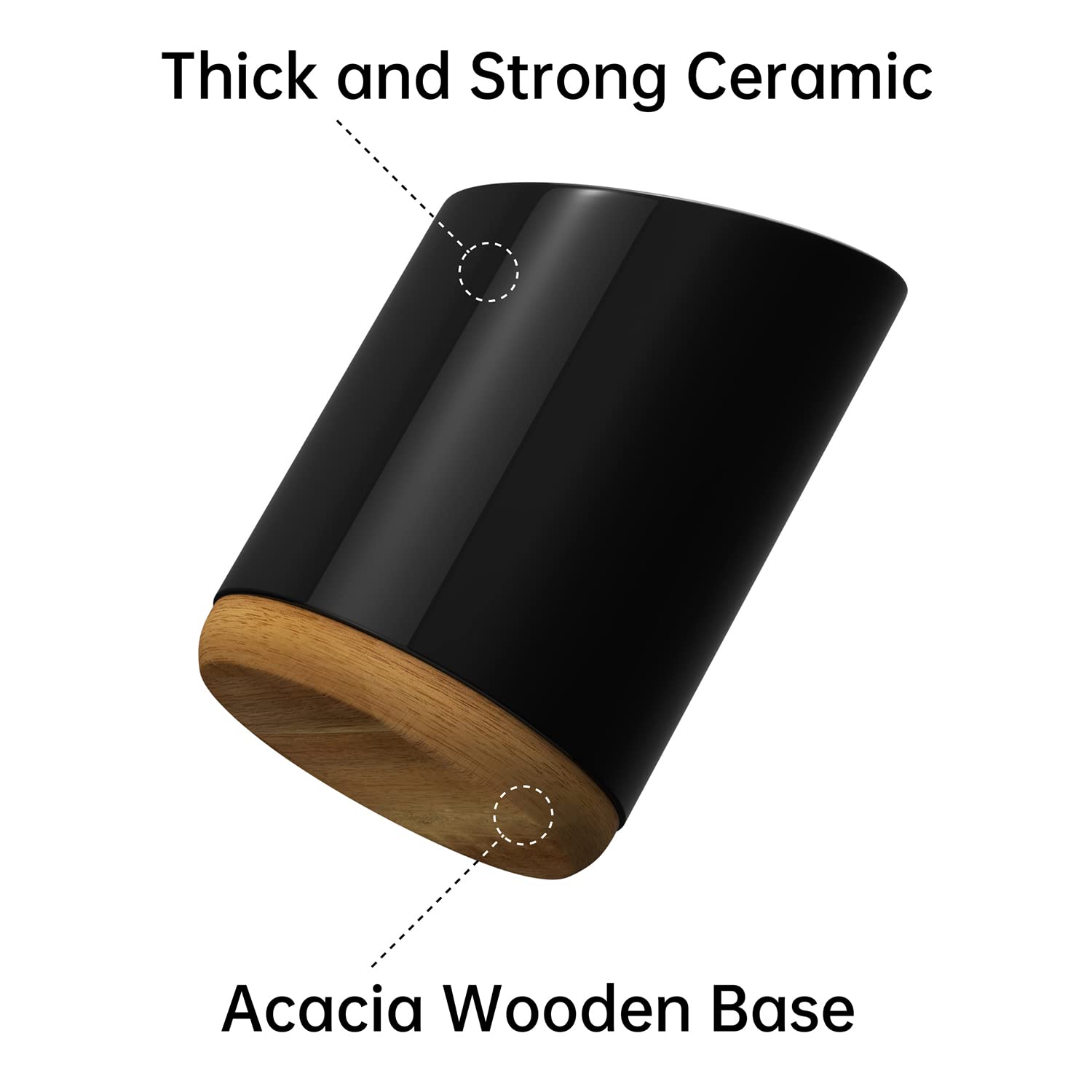 KARRYOUNG Ceramic Utensil Holder for Kitchen Countertop β Cooking Utensil Caddy Organizer with Acacia Wooden Base,5.5 x 7.5 Inches,Black