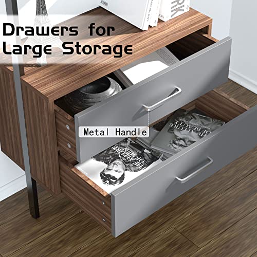 DREAMODERN Modern Bookshelf with Drawers, 4-Tier Open Bookcase Tall Wall Mount Ladder with Steel Frame -Brown
