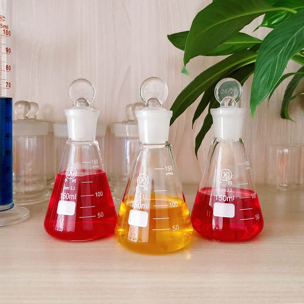 HUAOU Scientific 150ml Erlenmeyer Conical Flasks Set with Ground Glass Stoppers, Graduated 3.3 Borosilicate Glass, Pack of 3
