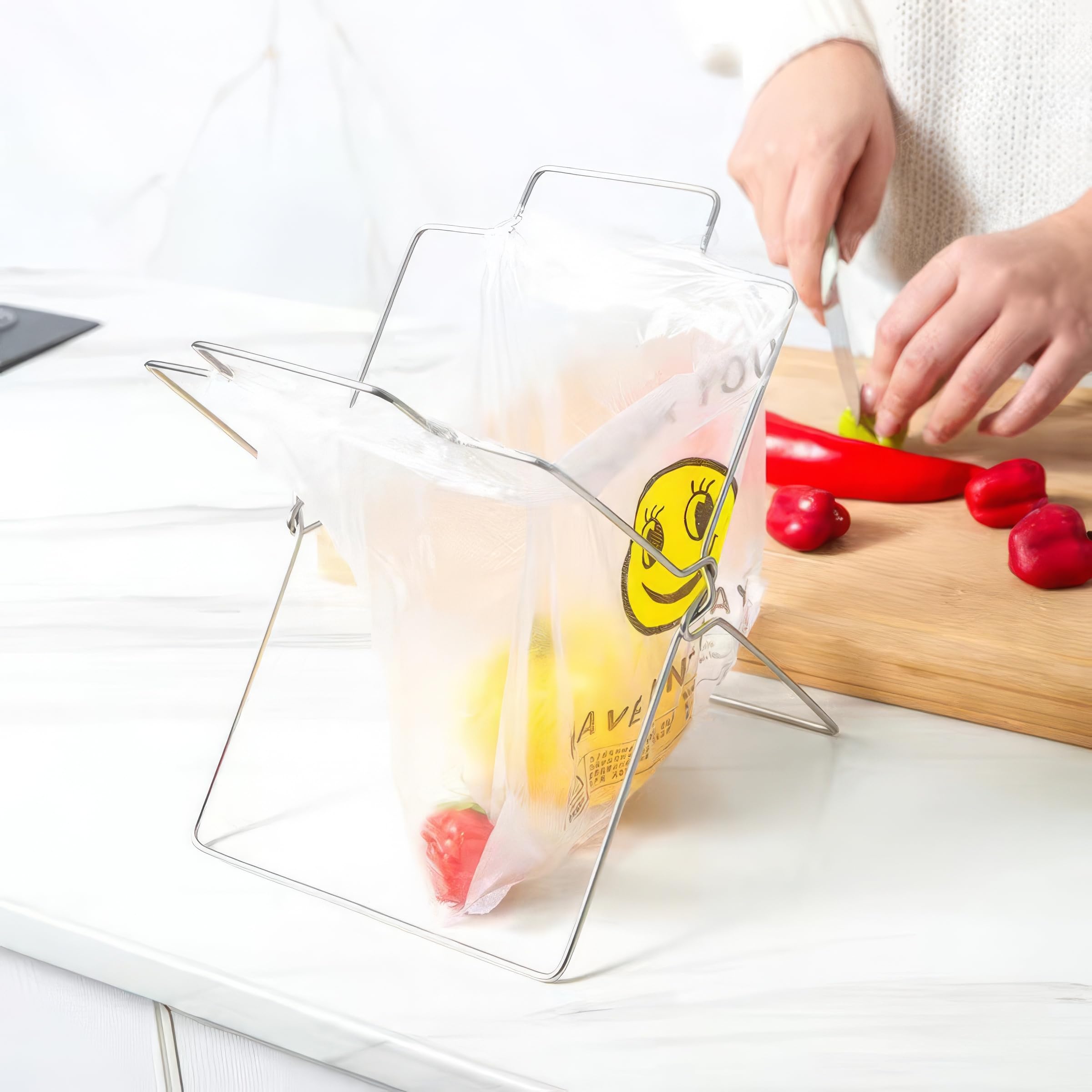 SUPKID grocery bag holder-Stainless- Steel Foldable-ideal for Kitchen Office and outside - Garbage Support Rack with Towel Hanging Rod -Medium
