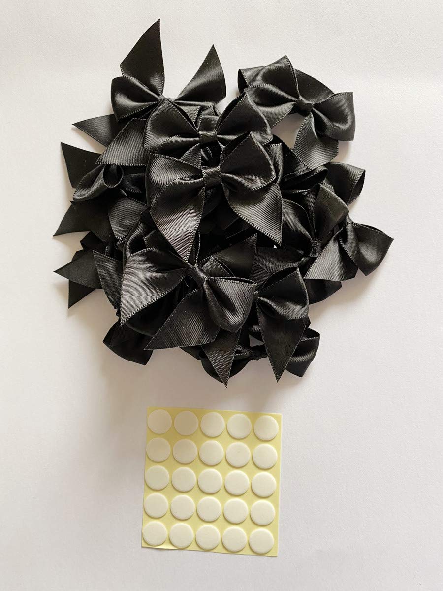 Briefix 25 Pieces Mini Satin Ribbon Bows with Removable Sticky Gel Pads (Black)