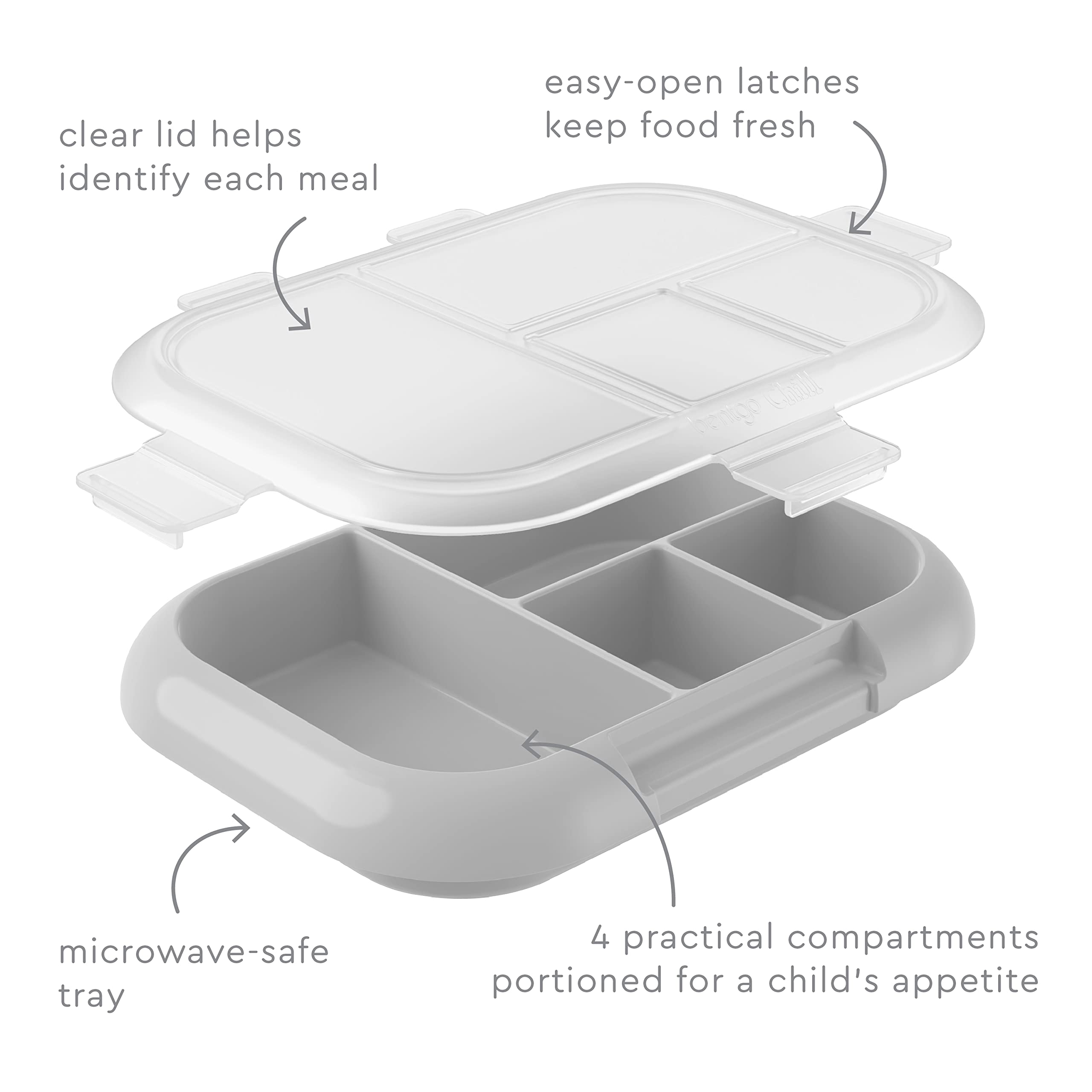 Bentgo® Kids Chill Tray with Transparent Cover - Reusable, BPA-Free, 4-Compartment Meal Prep Container with Built-In Portion Control for Healthy On-the-Go Lunches (Gray)