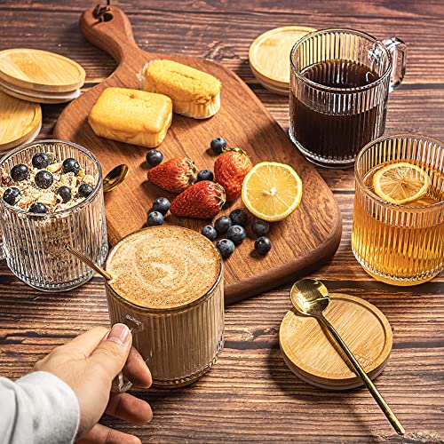 Combler Glass Coffee Mugs, Espresso Cups for Coffee Bar Accessories, Clear Coffee Mug Set of 2, 11oz Glass Coffee Cups with Lids and Spoon, Cute Ribbed Glassware Set for Latte, Cappuccino, Tea, Gift