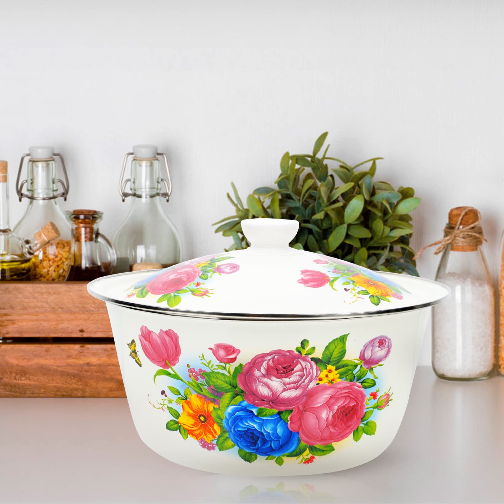 Angoily Enamel Mixing Bowl with Lid Flower Large Salad Bowl Enamelware Washing Basin Chinese Style Soup Bowls Vintage Serving Bowl for Ramen Asian Dishes Cereal Rice Noodle