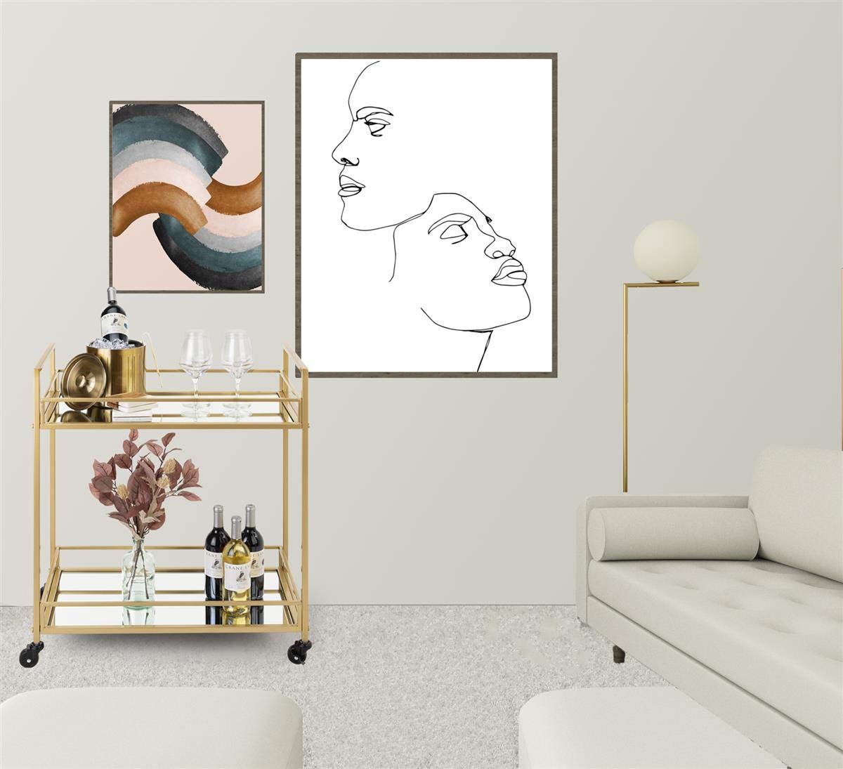 Displays2go Rolling Metal Bar Cart, Mirrored Glass Shelves, Four Swiveling Casters - Gold (FSBEVCART1)