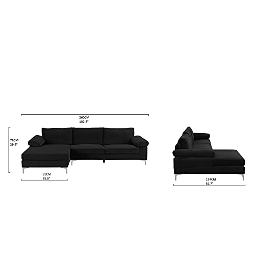 Casa Andrea Milano Modern Velvet Fabric Sectional Sofa, L-Shape Couch with Extra Wide Chaise Lounge