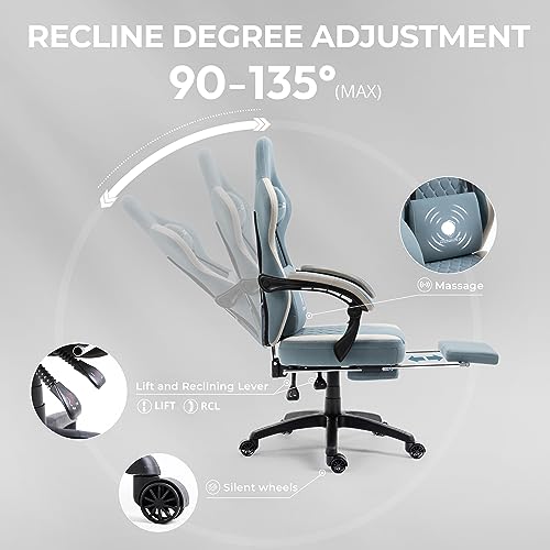 Dowinx Gaming Chair Breathable Fabic Computer Chair with Pocket Spring Cushion, Comfortable Office Chair with Gel Pad and Storage Bags,Massage Game Chair with Footrest,Blue