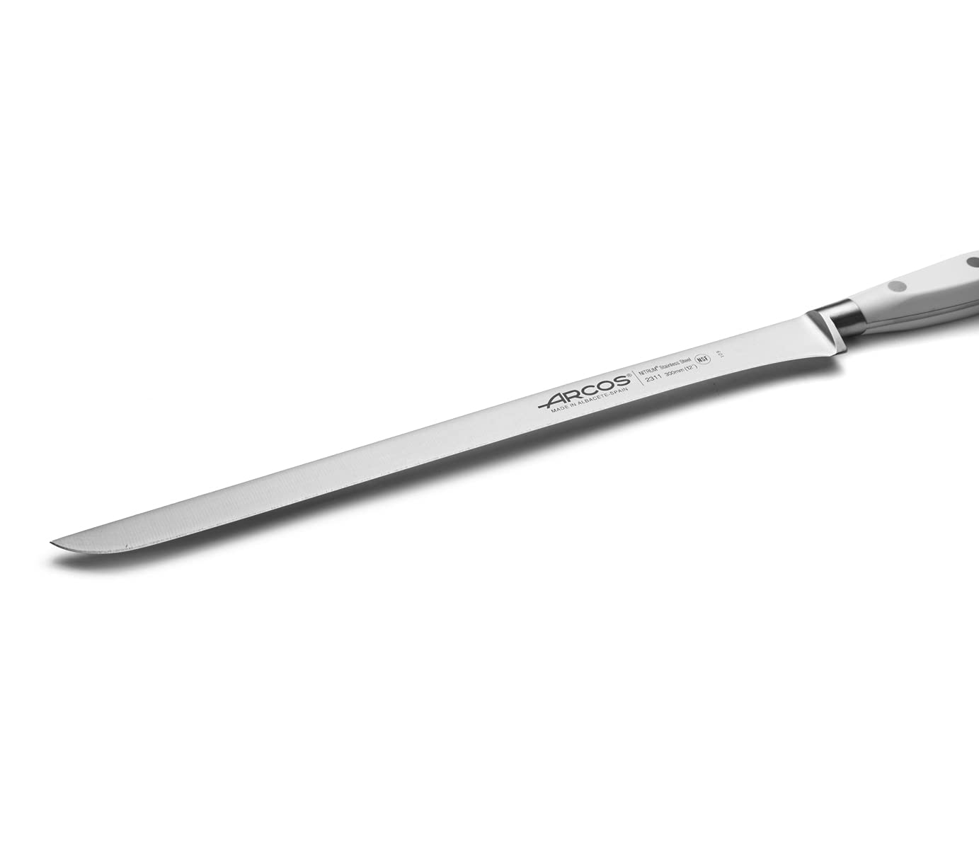 ARCOS Forged Slicing Knife / Ham Knife 12 Inch Nitrum Stainless Steel and 300 mm blade. Ergonomic Polyoxymethylene POM Handle. Series Riviera Blanc. Thin blade with a characteristic smooth edge. Color White.
