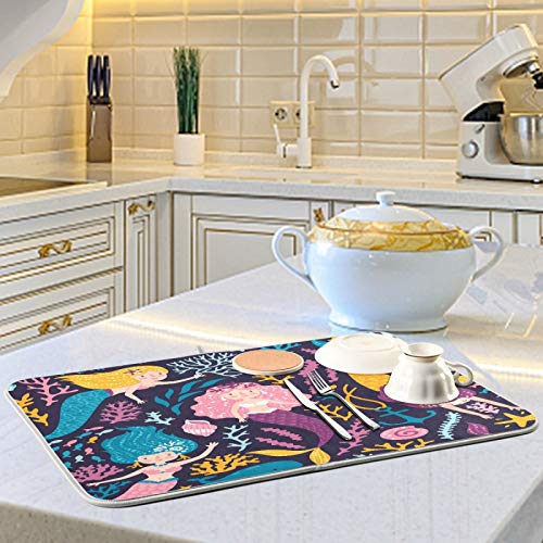 Cute Mermaids Whale Corals Seaweed Dish Drying Mat 24"x18" Absorbent Machine Washable Hanging Fast Dry Pad Dish Protective Mat for Kitchen Countertop Heat Resistant Dinner Table Mat