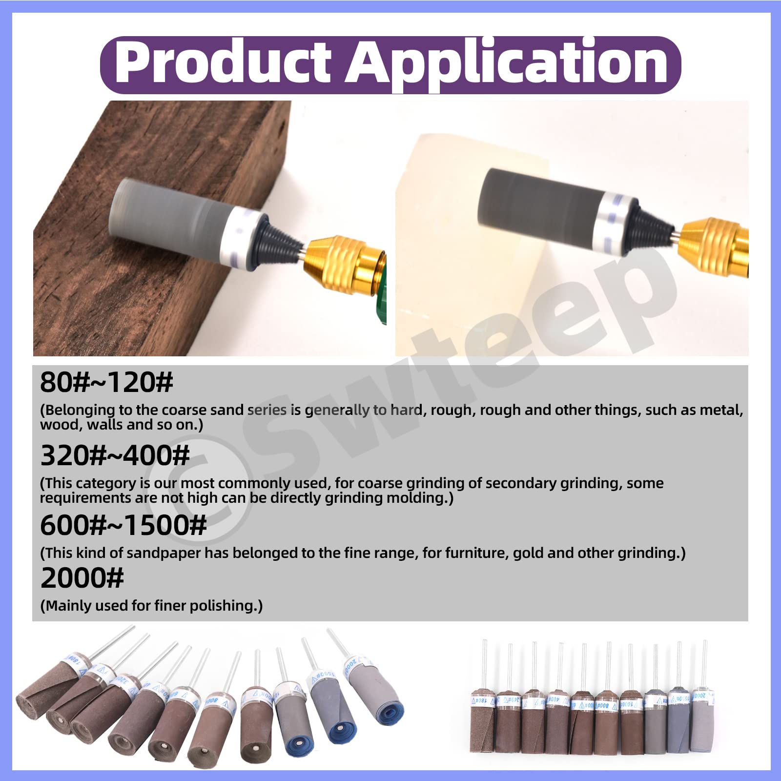 Swpeet 10 Pcs Sanding Drums Sleeves Kit, 180-2500 Grit Sandpaper Grinding Head Sandpaper Bar Stick, Abrasives Cartridge Rolls, Polishing Burr Stick Roller Sanding Tool, Woodworking Polishing Tool