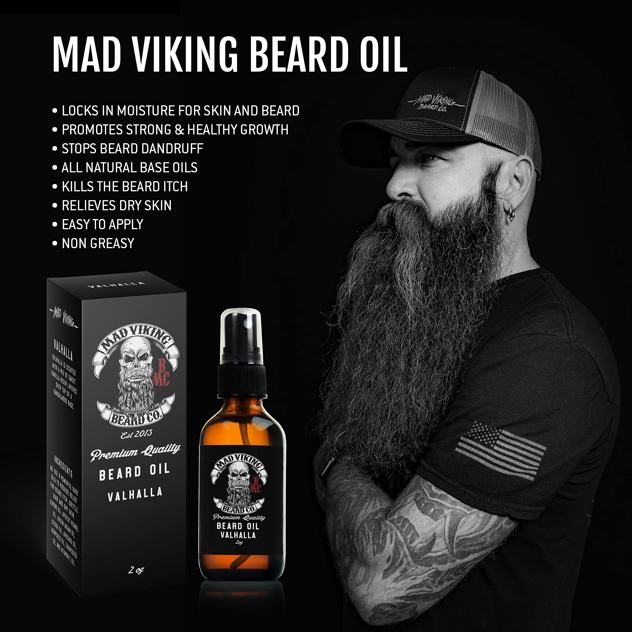 Mad Viking Beard Co. Premium Beard Oil for Men - Natural Beard Softener, Conditioner, and Skin Moisturizer - Reduces Beard Itch - For Thicker Looking Beards - Made in the USA