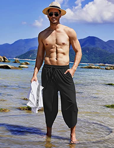 COOFANDY Men's Beach Pants Loose Casual Lightweight Elastic Waist Summer Linen Pants Black