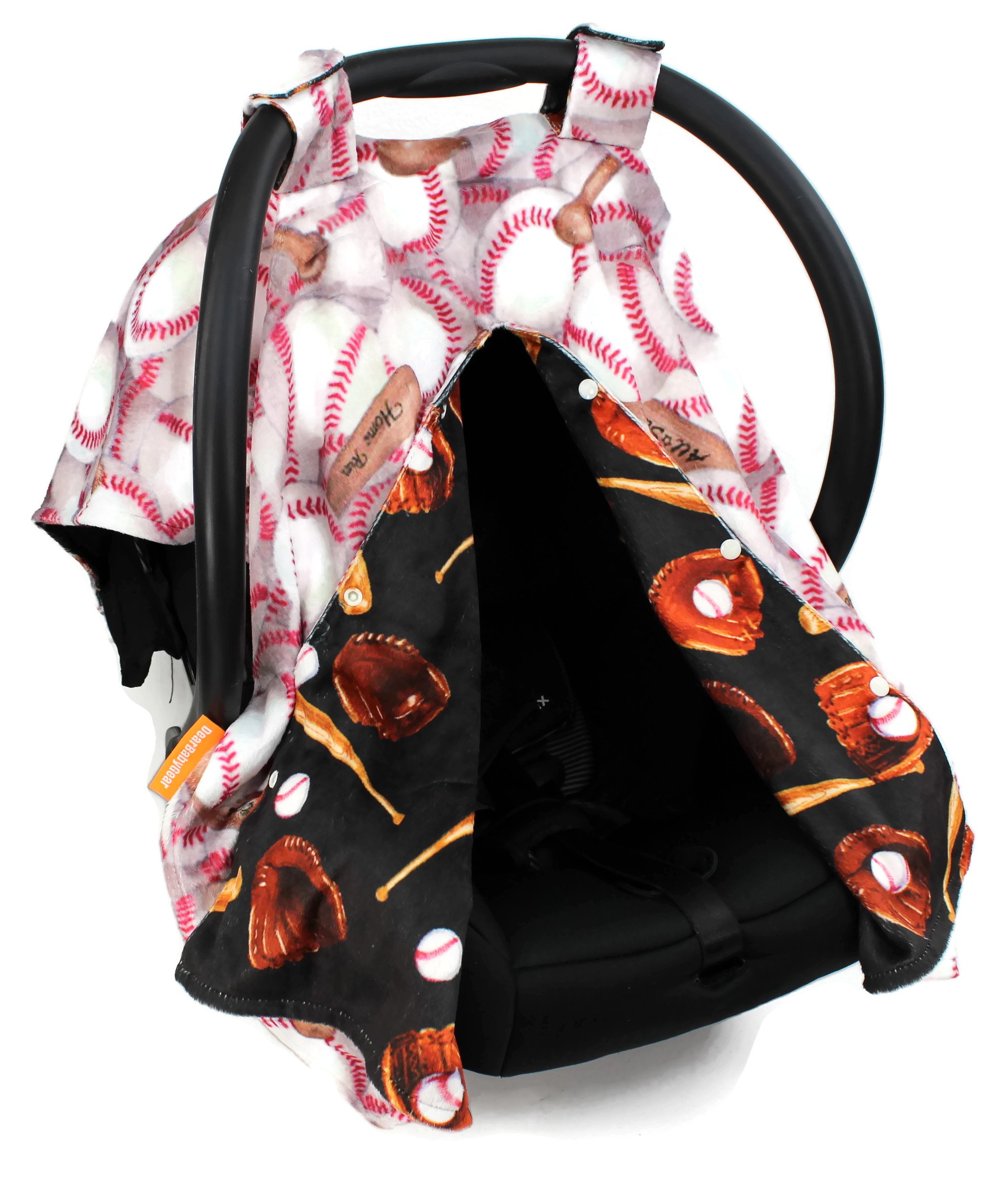 Dear Baby Gear Deluxe Reversible Car Seat Canopy, Custom Minky Print, Baseball Bat Glove