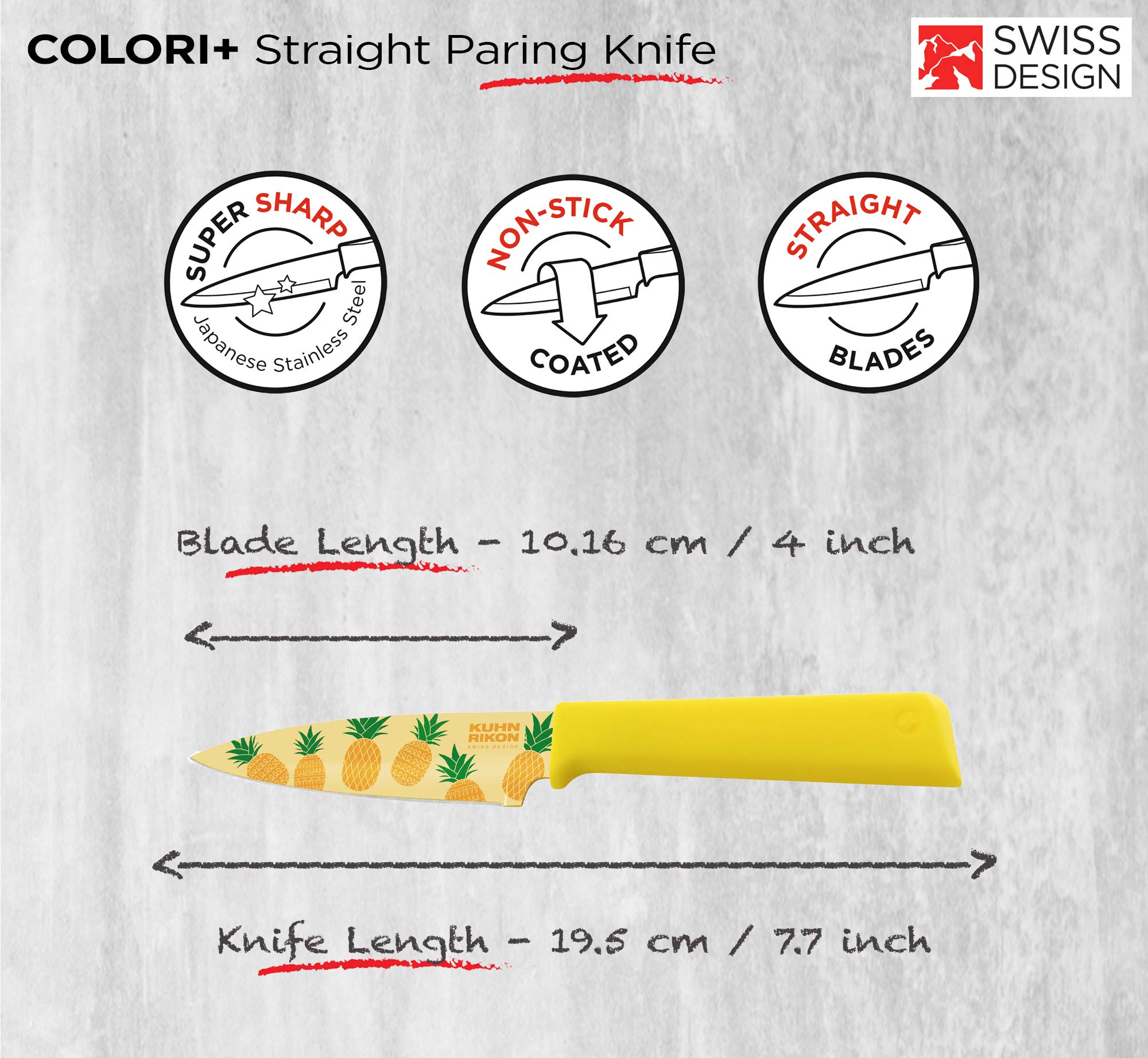 KUHN RIKON Tropics Pineapple Colori+ Non-Stick Straight Paring Knife with Safety Sheath, Stainless Steel
