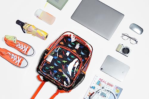 BLUEFAIRY Boys Clear Backpack Heavy Duty Stadium Approved Dinosaur Transparent Backpack Plastic See Through Bag for Kids for School Travel Gifts (Large Orange)