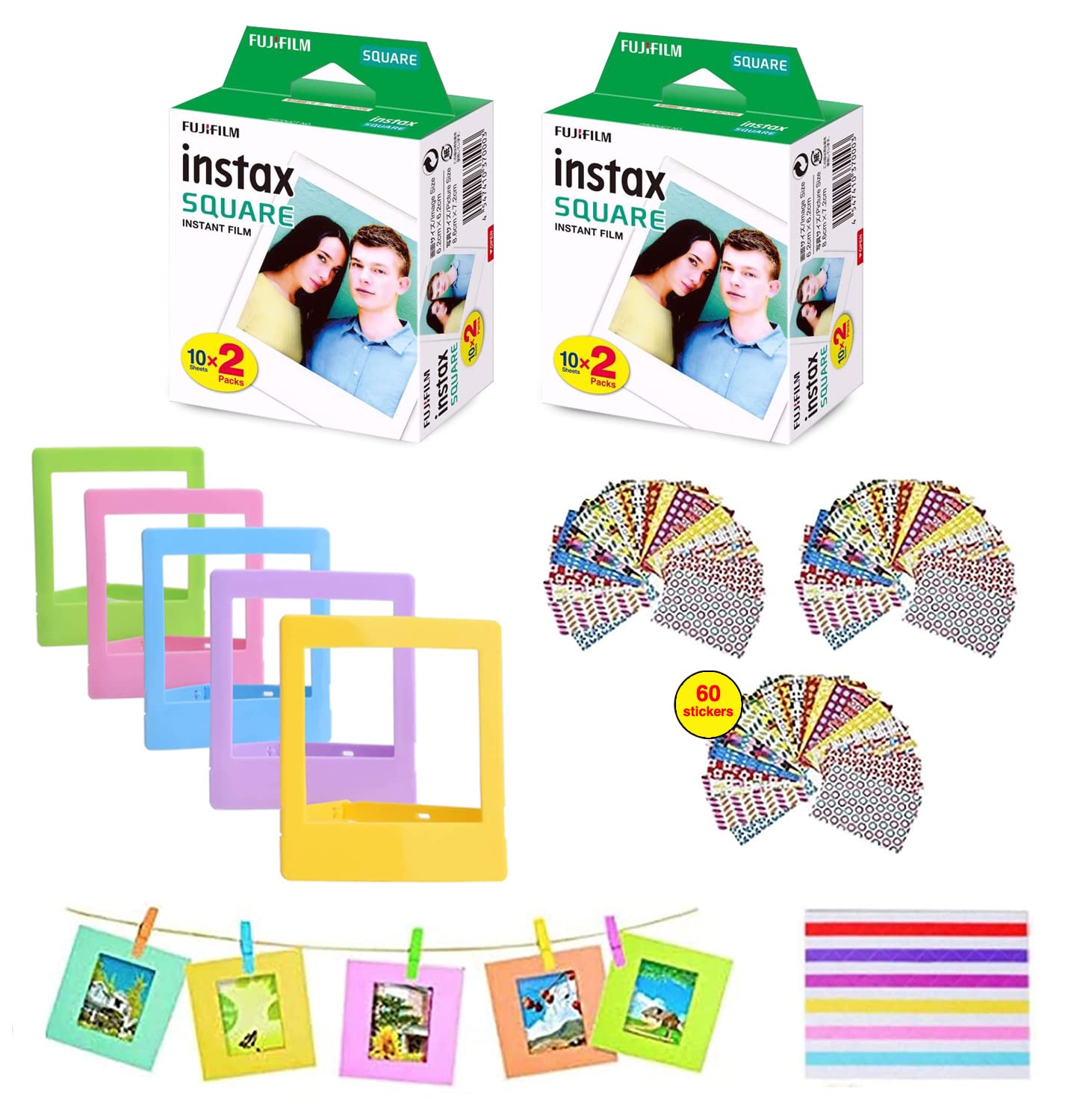 Fujifilm Instax Square Instant Film (2 Packs, 40 Sheets) 5 Plastic Desk Frames + 10 Assorted Color Hang Clips with String + 60 Sticker Frames + 1 Pack Corner Stickers