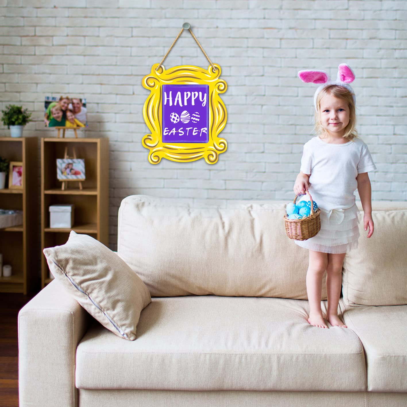 Happy Easter and Eggs Sign Welcome Large Hanging Sign Door Decor with Rope for Easter Party Garden, Yard Spring Home Decorations
