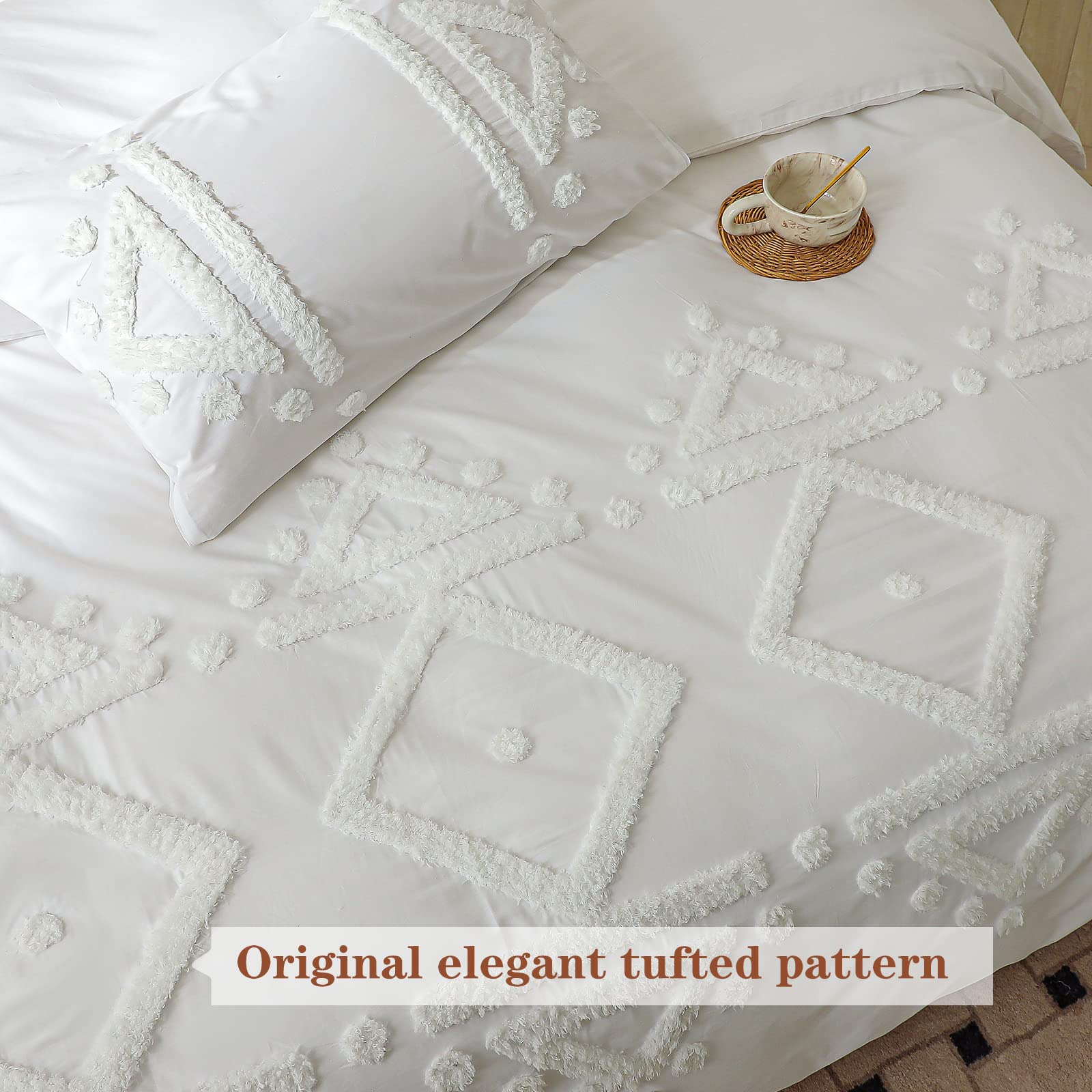 Simple&Opulence 100% Cotton Boho Tufted Duvet Cover Set, 3Pcs Textured Embroidery Comforter Cover Set -1 Duvet Cover&2 Pillowcases, Jacquard Shabby Chic Farmhouse Bedding for All Season(White, Queen)