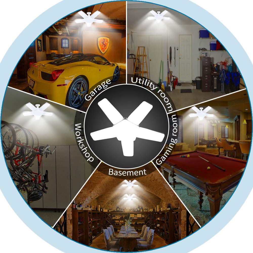 ALOVECO LED Garage Lights, LED Garage Ceiling Lights 60W 6000LM, E26/E27,CRI 80, 6000K Daylight White with 5 Adjustable Panels, Deformable LED Shop Lights for Garage Warehouse Workshop Basement…